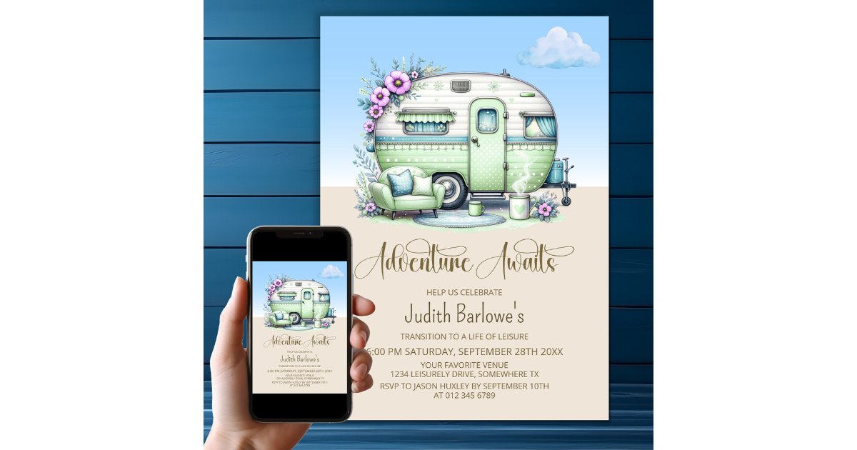Adventure Awaits Green Caravan Retirement Party Invitation | Zazzle