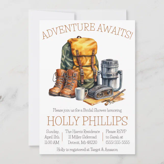 Adventure Awaits! Hiking, Camping, Bridal Shower Invitation | Zazzle