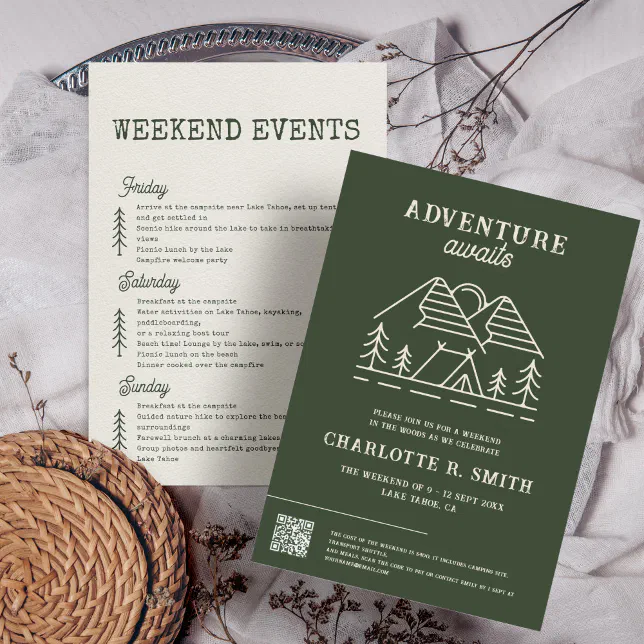 Adventure Awaits Modern Simple Camp Bachelorette Invitation | Zazzle