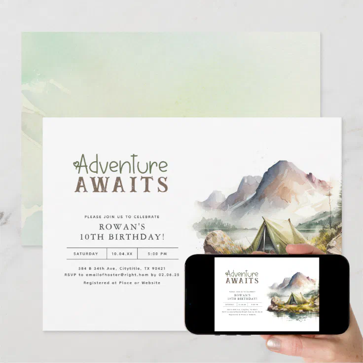 Adventure Awaits Mountains Nature Birthday Party Invitation | Zazzle