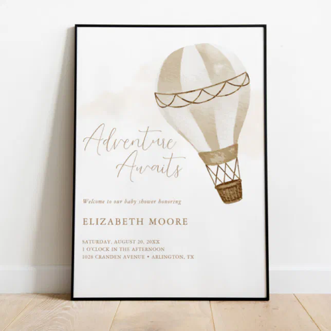 Adventure Awaits Neutral Hot Air Balloon | Welcome Poster | Zazzle
