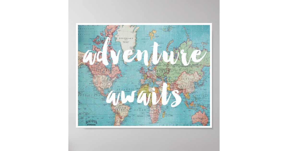 Adventure Awaits on Vintage World Map Poster | Zazzle