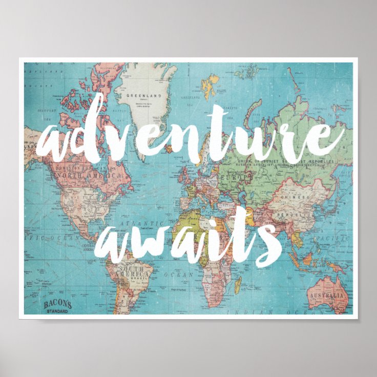 Adventure Awaits on Vintage World Map Poster | Zazzle