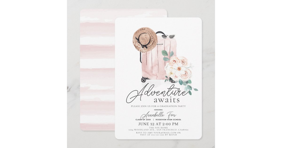 Adventure Awaits Pink Suitcase Graduation Invitation | Zazzle
