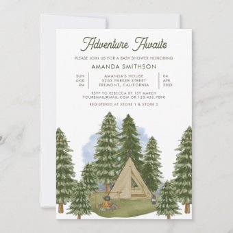 Adventure Awaits Rustic Forest Camping Baby Shower Invitation | Zazzle