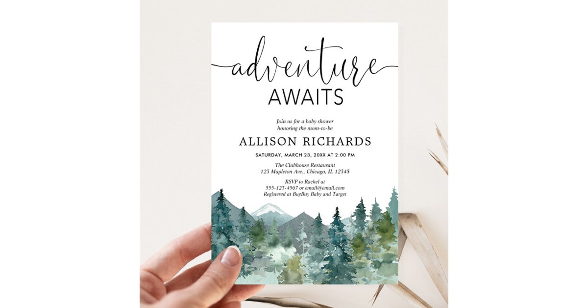 Adventure awaits rustic mountains baby shower invitation | Zazzle