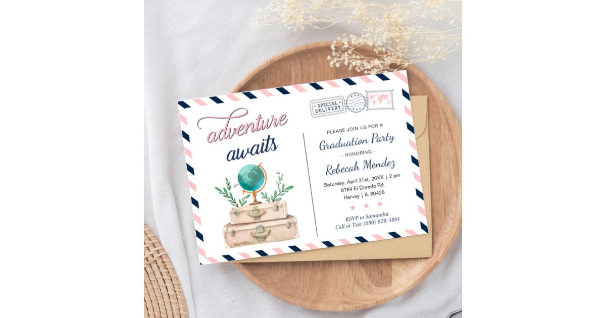 Adventure Awaits Travel Graduation Party Navy Pink Invitation | Zazzle