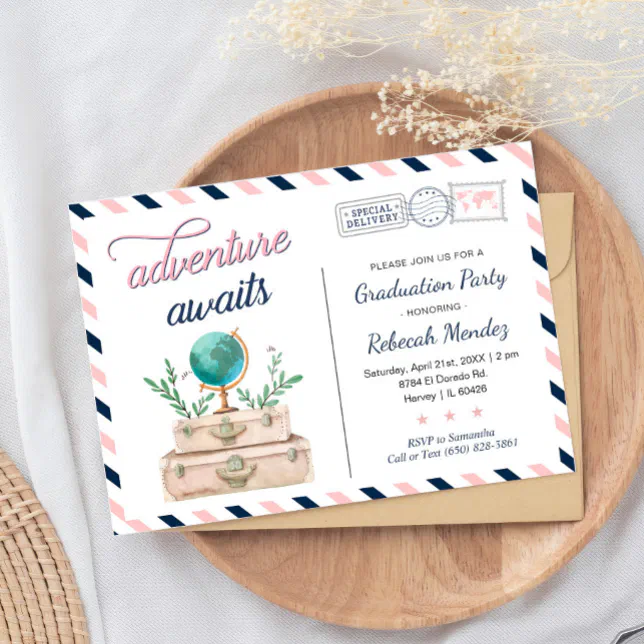 Adventure Awaits Travel Graduation Party Navy Pink Invitation | Zazzle
