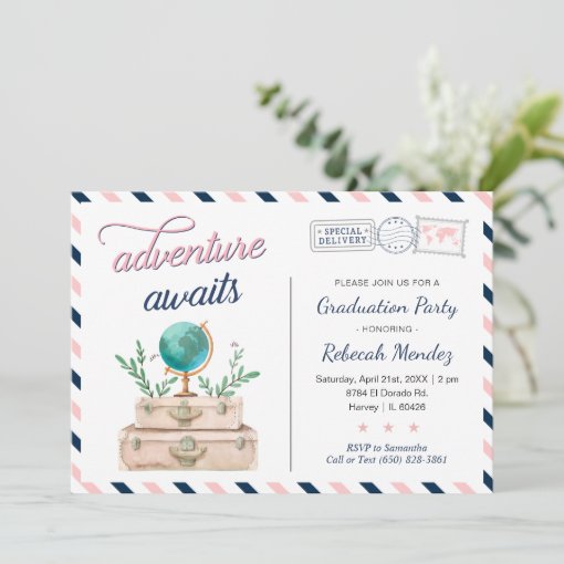 Adventure Awaits Travel Graduation Party Navy Pink Invitation | Zazzle