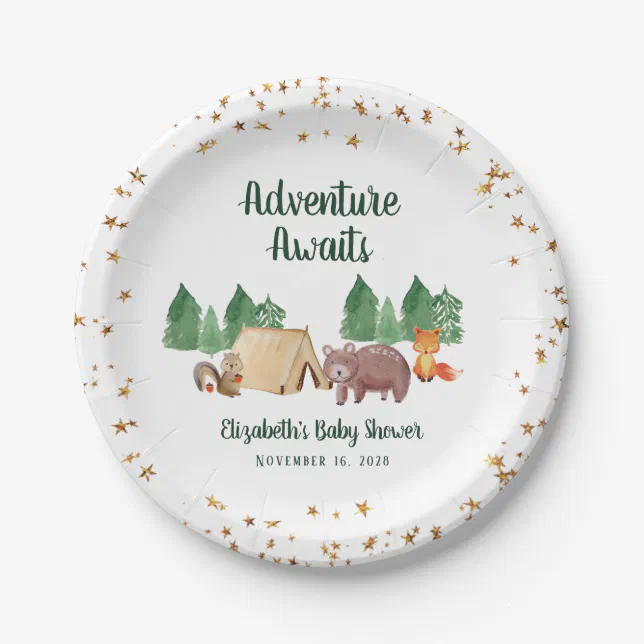 Adventure Awaits Woodland Animals Baby Shower Paper Plates | Zazzle