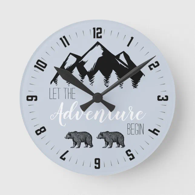 Adventure Awaits Woodland Bear Round Clock | Zazzle