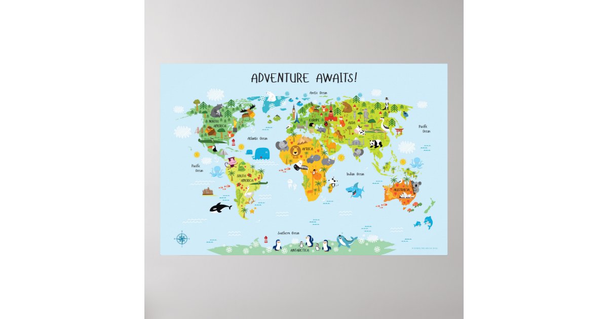Adventure Awaits World Map for Kids Poster | Zazzle