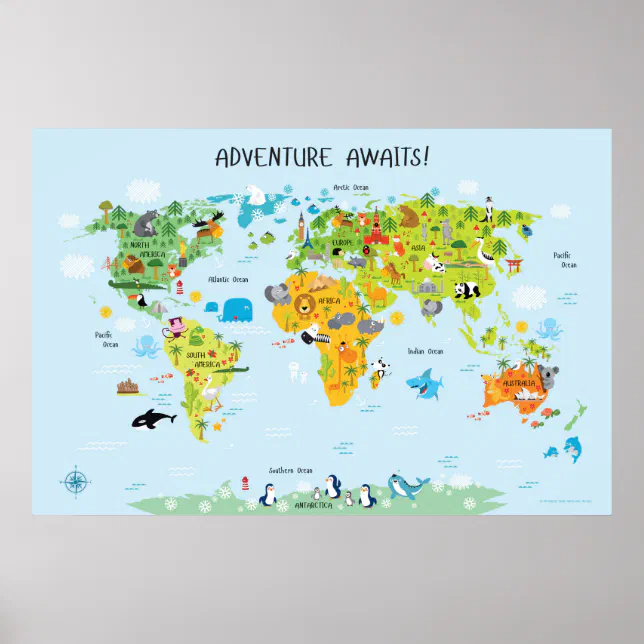 Adventure Awaits World Map for Kids Poster | Zazzle