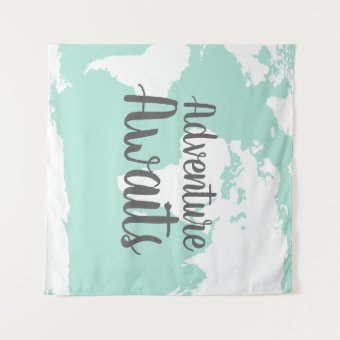 Adventure Awaits World Map & Mint Tapestry | Zazzle