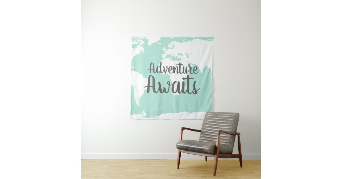 Adventure Awaits World Map & Mint Tapestry | Zazzle