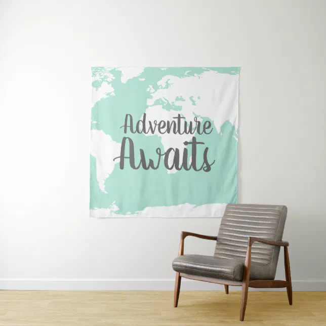 Adventure Awaits World Map & Mint Tapestry | Zazzle