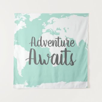 Adventure Awaits World Map & Mint Tapestry | Zazzle