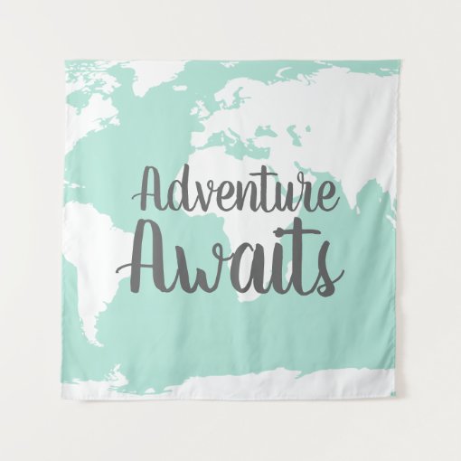 Adventure Awaits World Map & Mint Tapestry | Zazzle