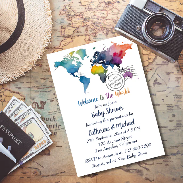 Adventure Awaits World Map Travel Baby Shower Invitation | Zazzle