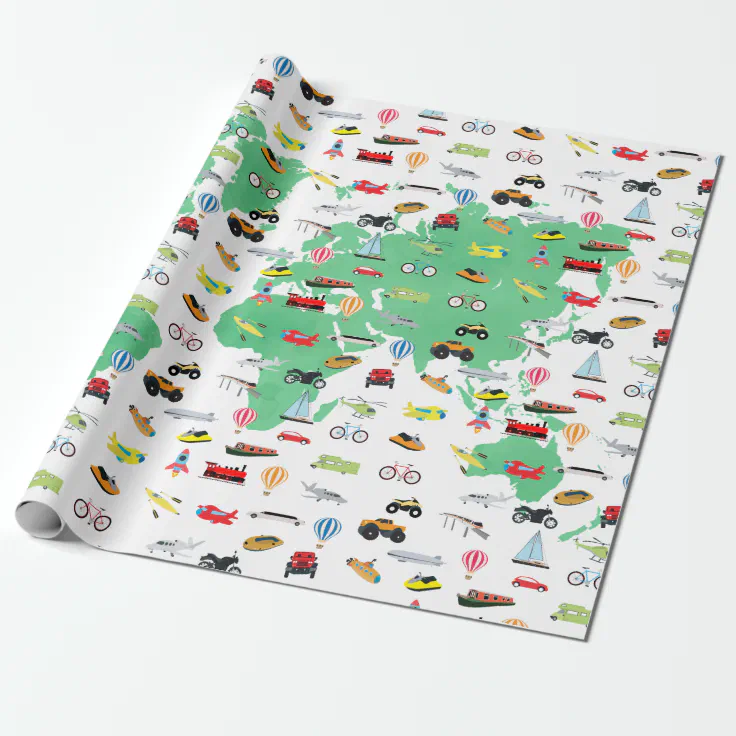 Adventure Awaits World Map Vehicles Wrapping Paper | Zazzle