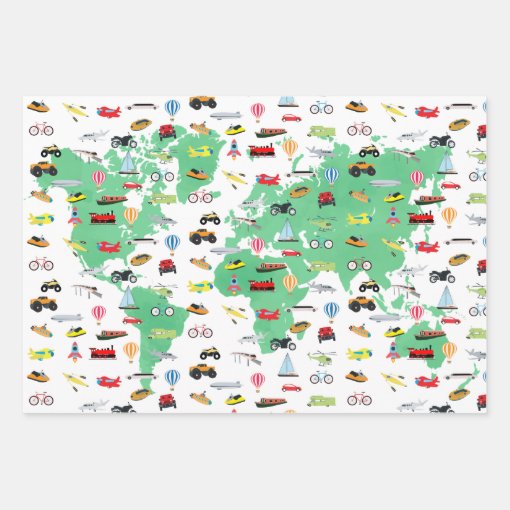 Adventure Awaits World Map Vehicles Wrapping Paper Sheets | Zazzle