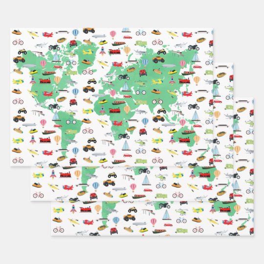 Adventure Awaits World Map Vehicles Wrapping Paper Sheets | Zazzle.com