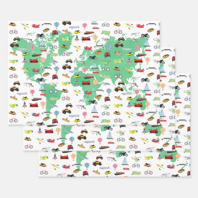Adventure Awaits World Map Vehicles Wrapping Paper Sheets | Zazzle