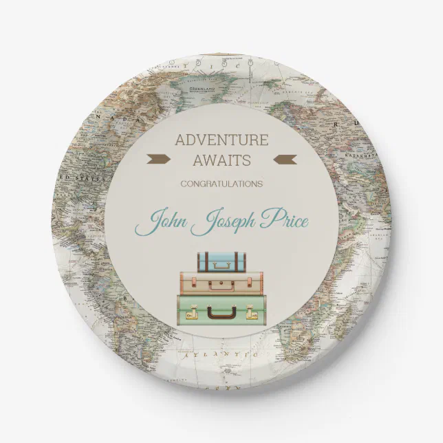 Adventure Awaits World Travel Map Modern Paper Plates | Zazzle