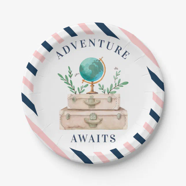 Adventure Awaits World Travel Suitcases Party Paper Plates | Zazzle