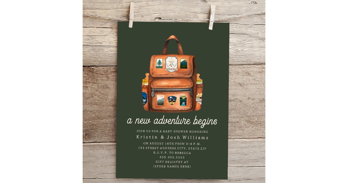 Adventure Backpack + Bottles Green Baby Shower Invitation | Zazzle
