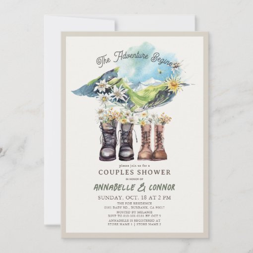 Adventure Begins Hiking Boots Couples Shower Invitation | Zazzle