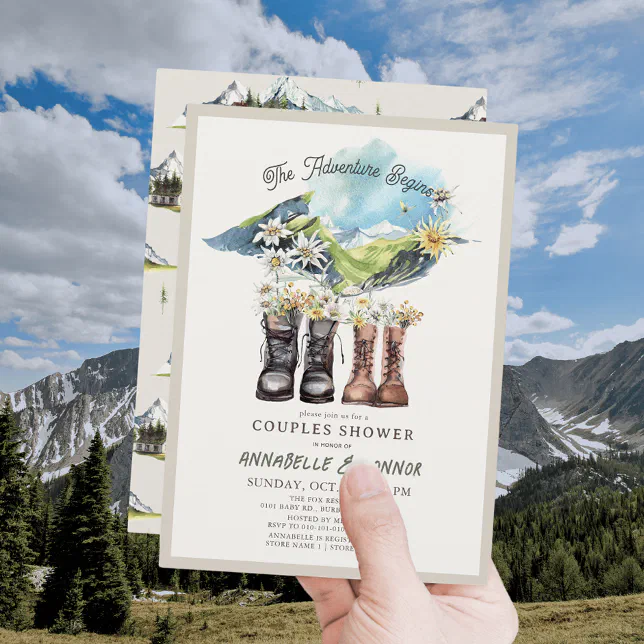 Adventure Begins Hiking Boots Couples Shower Invitation | Zazzle