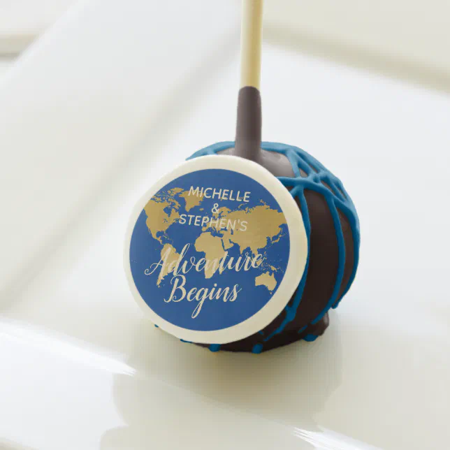 Adventure Begins World Map Blue Gold Personalized Cake Pops | Zazzle