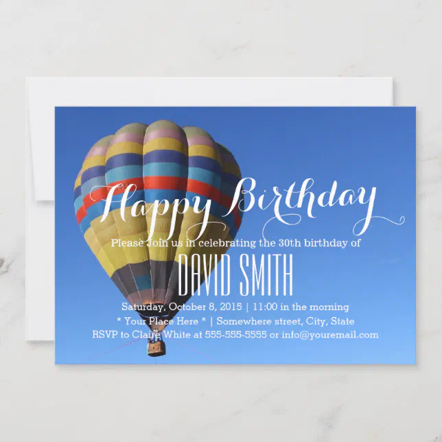 Adventure Blue Sky Hot Air Balloon Birthday Invitation | Zazzle