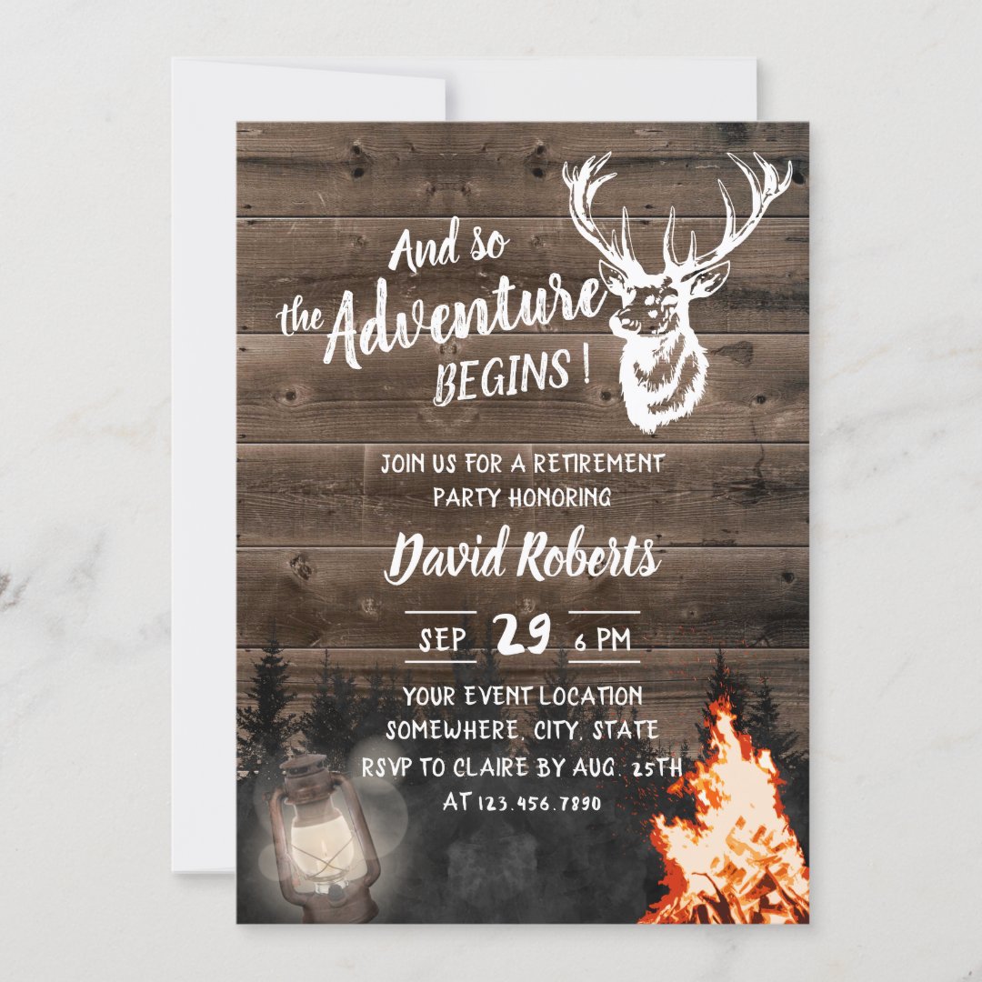Adventure Bonfire & Lantern Hunting Retirement Invitation | Zazzle