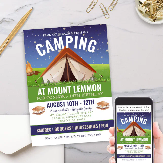 Adventure Camping Smores Camp Out Birthday Invitation | Zazzle