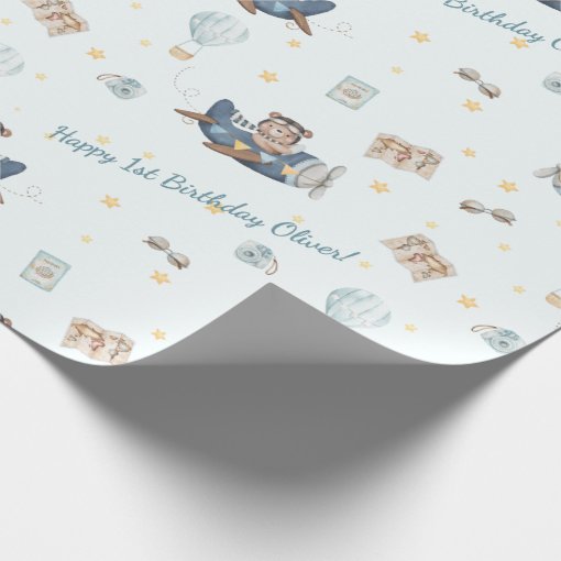Adventure Cute Aviation Bear Blue Plane Custom Wrapping Paper | Zazzle