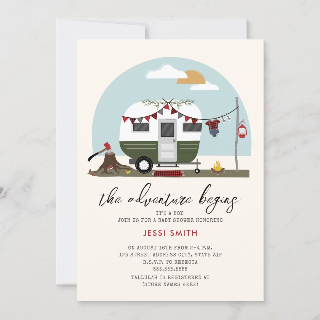 Adventure Green Camper Lumberjack Baby Shower Invitation | Zazzle