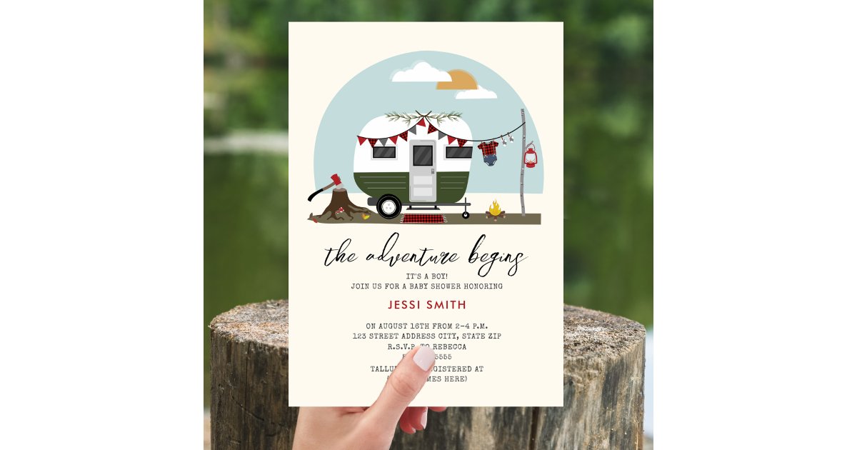 Adventure Green Camper Lumberjack Baby Shower Invitation | Zazzle
