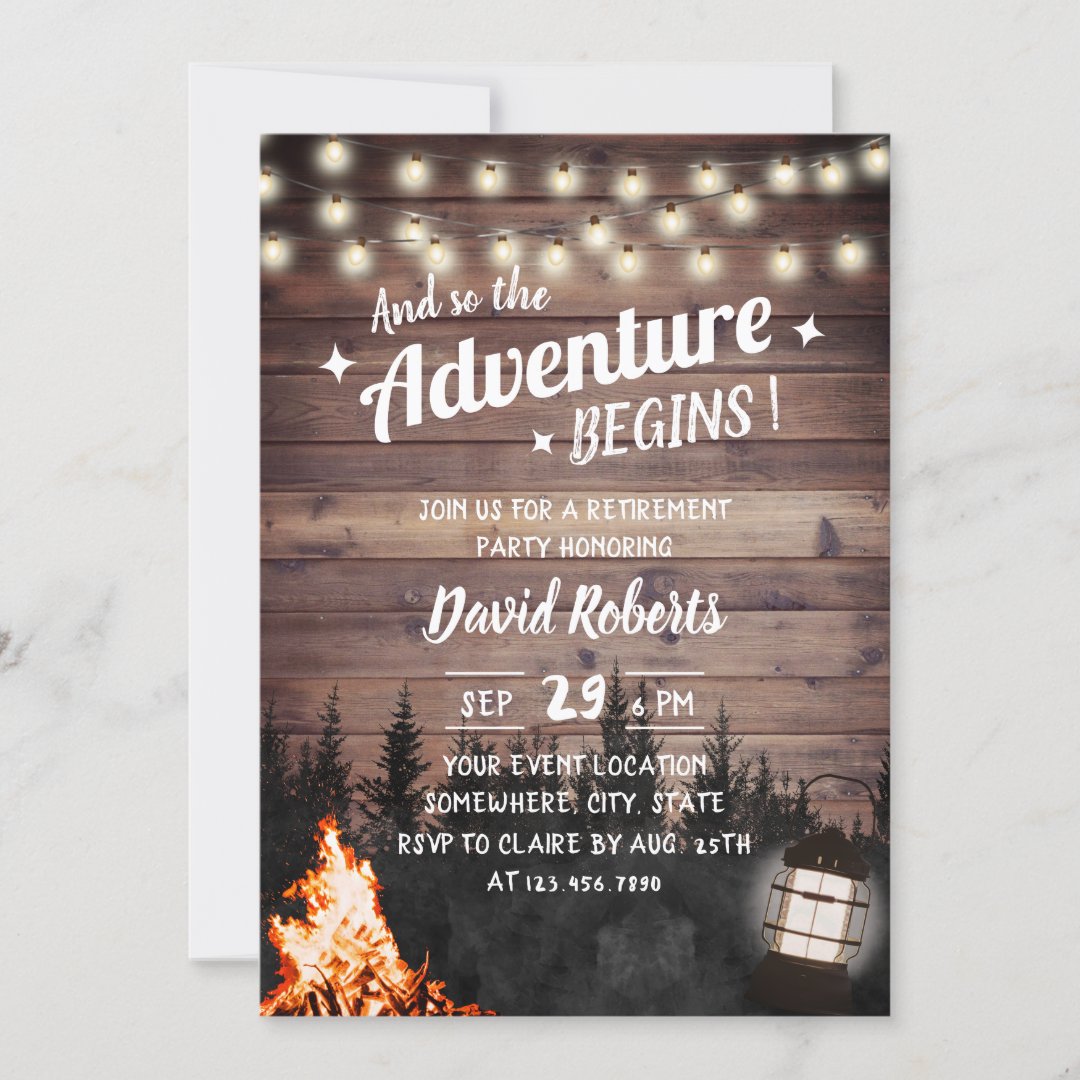Adventure Rustic Forest Bonfire Lantern Retirement Invitation | Zazzle