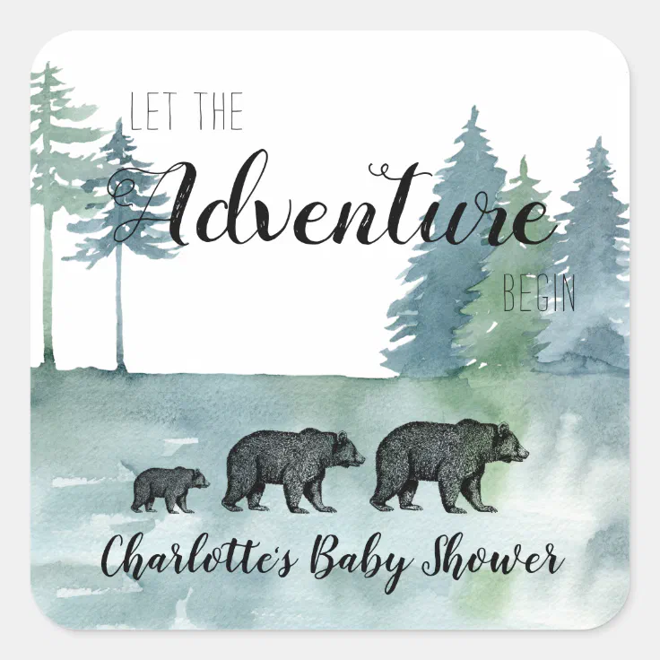 Adventure Rustic Watercolor Bears Baby Shower Squ Square Sticker | Zazzle