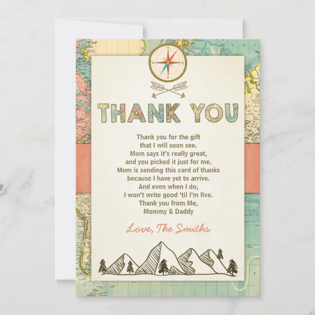 Adventure thank you card Travel Map Baby Birthday | Zazzle
