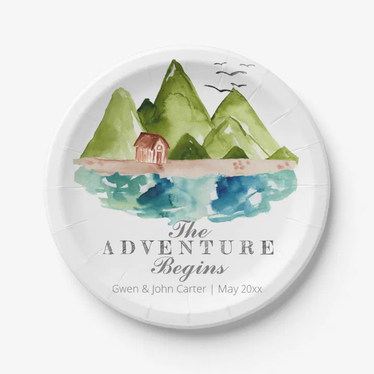 Adventure wedding mountain paper plates | Zazzle
