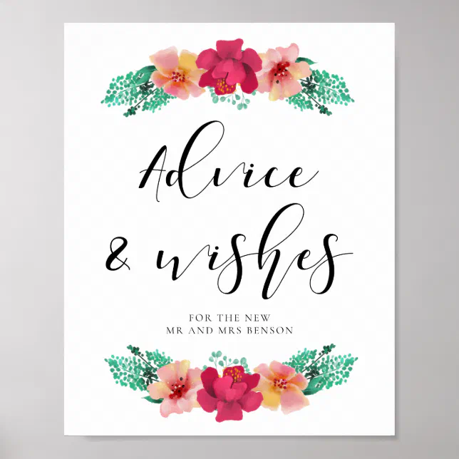 Advice and wishes for the newlyweds floral design poster | Zazzle