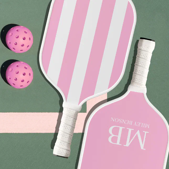 Aesthetic Country Club Pink Stripes Monogram Cute Pickleball Paddle ...
