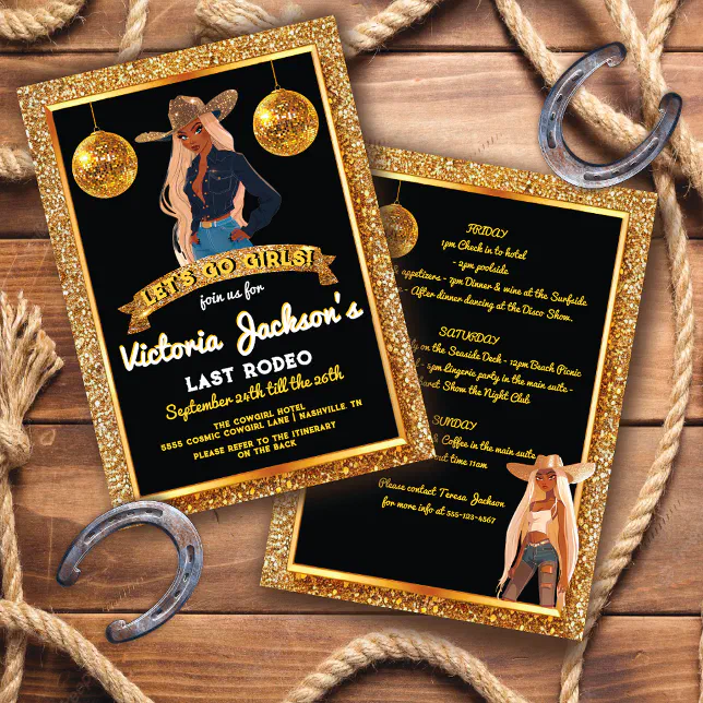 African American Cowgirl Gold Glitter Last Rodeo Invitation | Zazzle