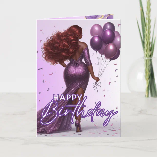 African American Curvy Woman Purple Glam Birthday Card | Zazzle