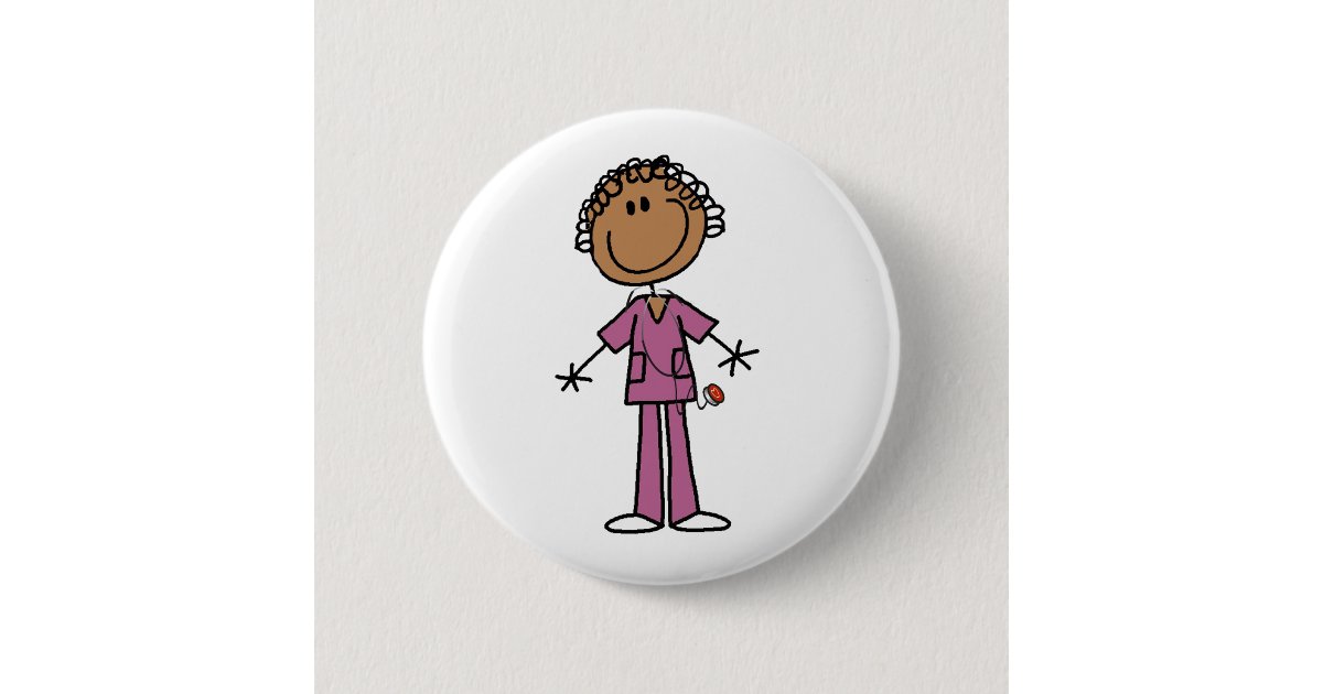 African American Female Stick Figure Nurse Button | Zazzle