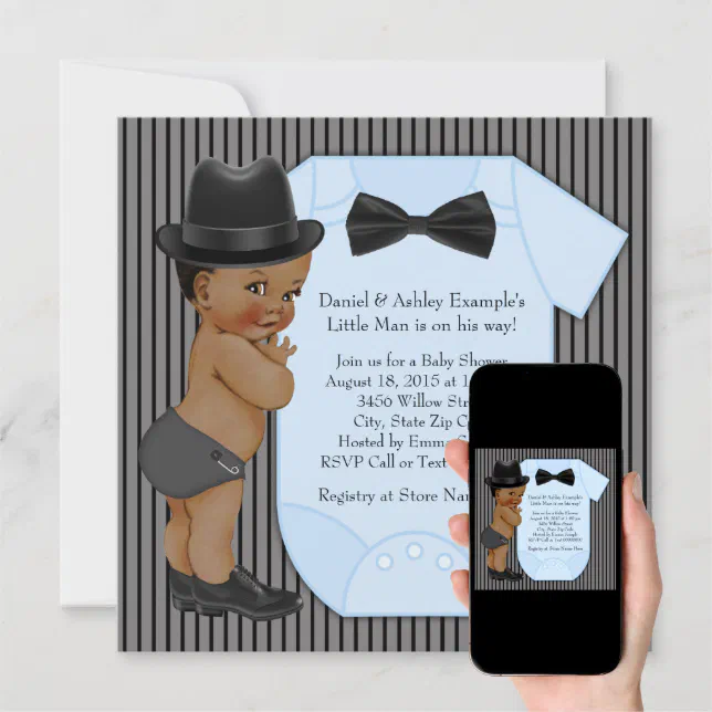 African American Little Man Baby Boy Shower Invitation | Zazzle