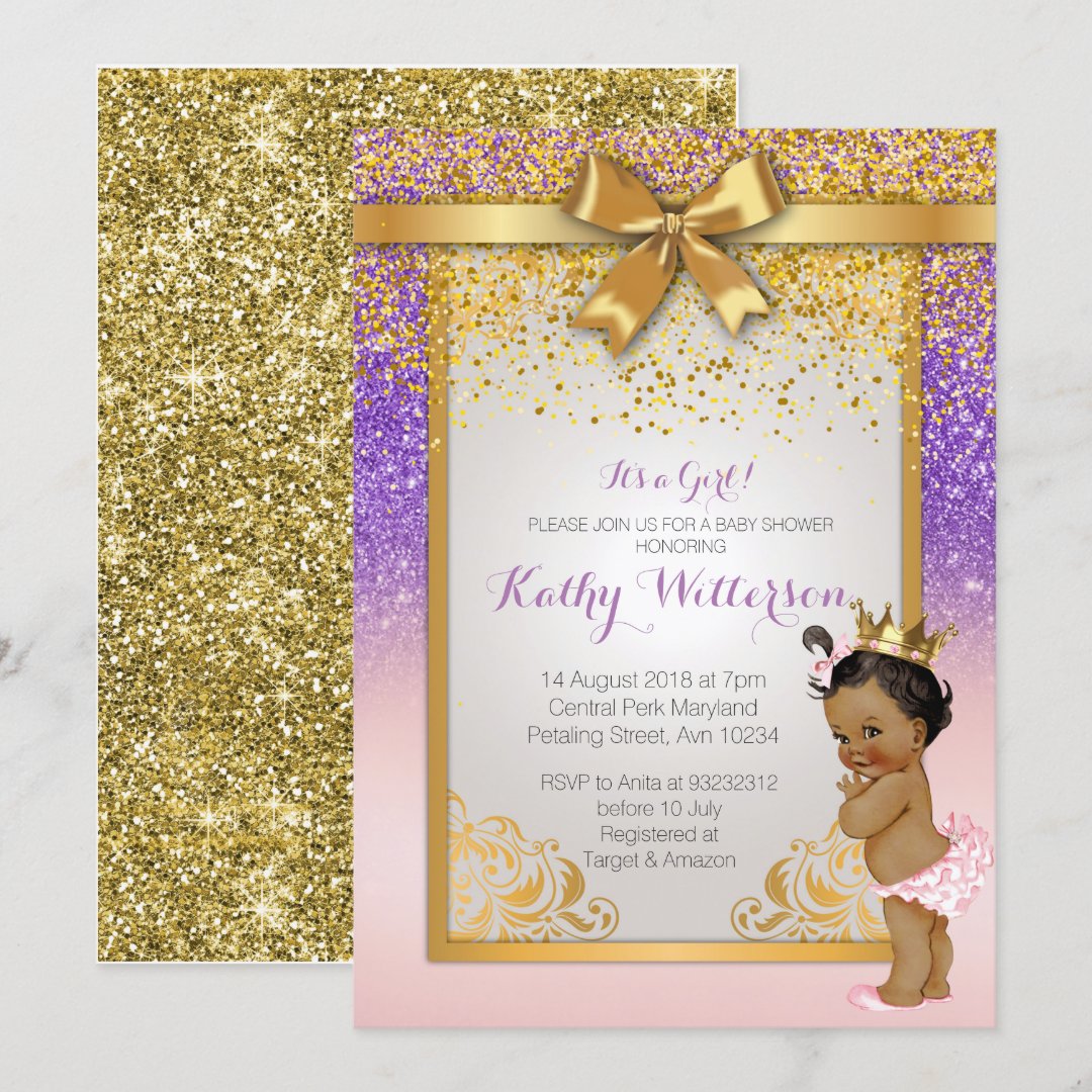 African American Pink Purple Gold Baby Shower Card | Zazzle